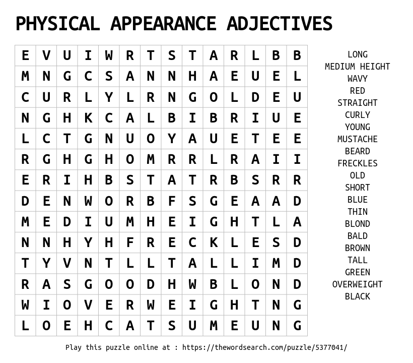 Download Word Search on PHYSICAL APPEARANCE ADJECTIVES