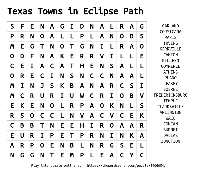 Texas Towns in Eclipse Path Word Search