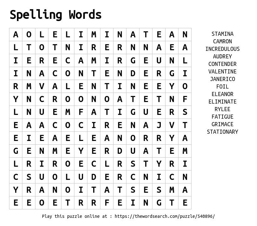 Spelling Words Word Search