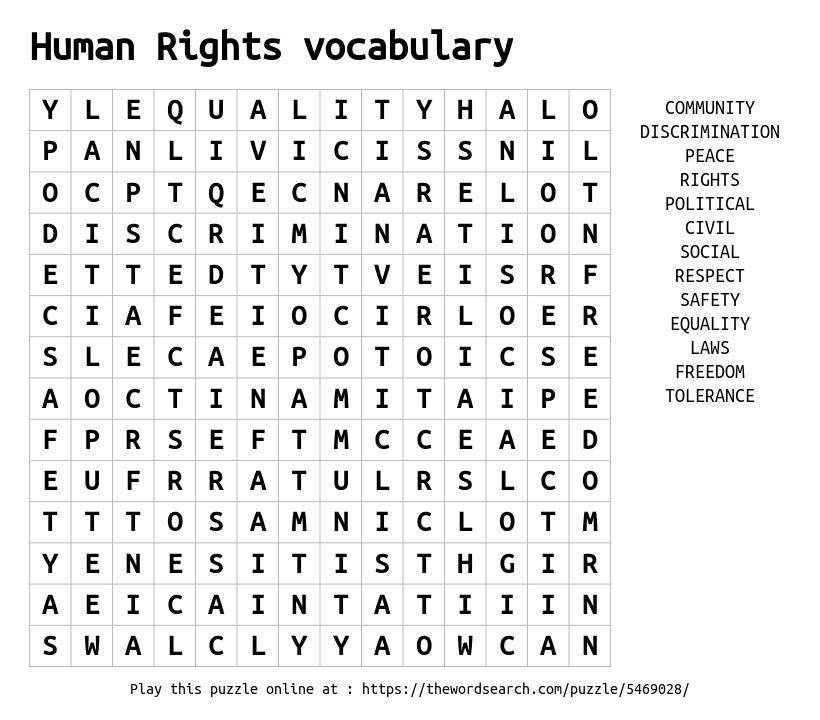 Download Word Search on Human Rights vocabulary