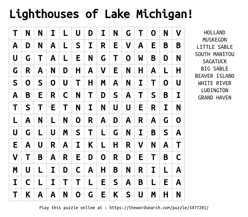 Download Word Search on Lighthouses of Lake Michigan!