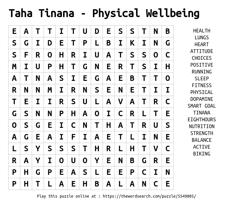 Download Word Search on Taha Tinana - Physical Wellbeing