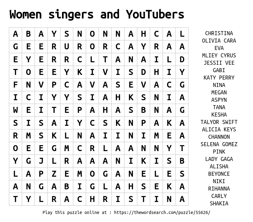 Women singers and YouTubers Word Search