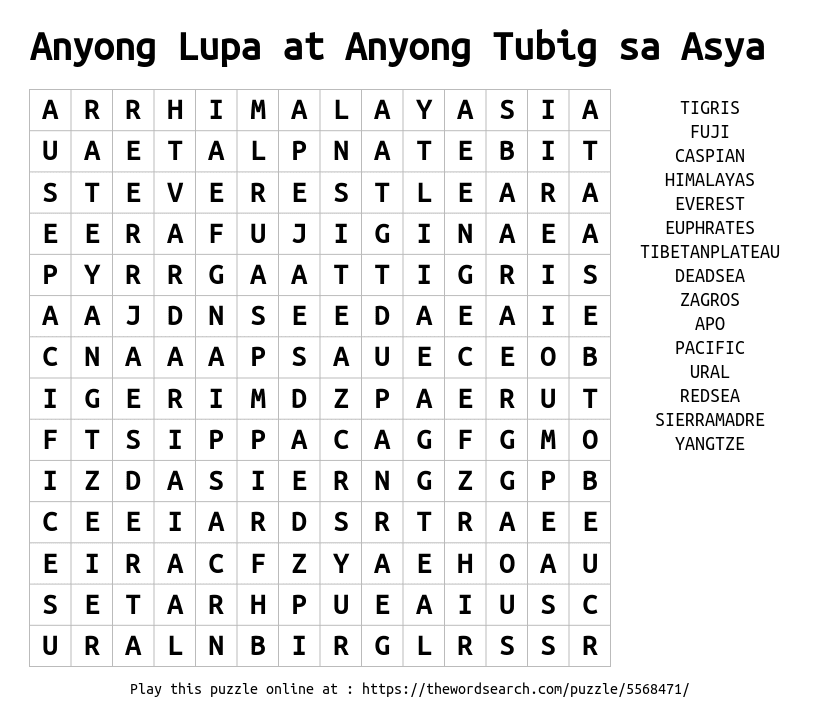 Anyong Lupa at Anyong Tubig sa Asya Word Search