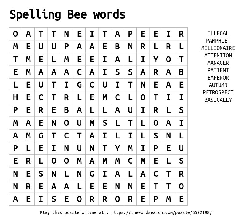 Spelling Bee words Word Search
