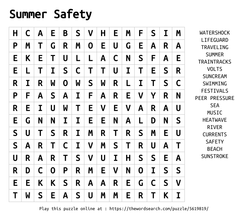 Download Word Search on Summer Safety