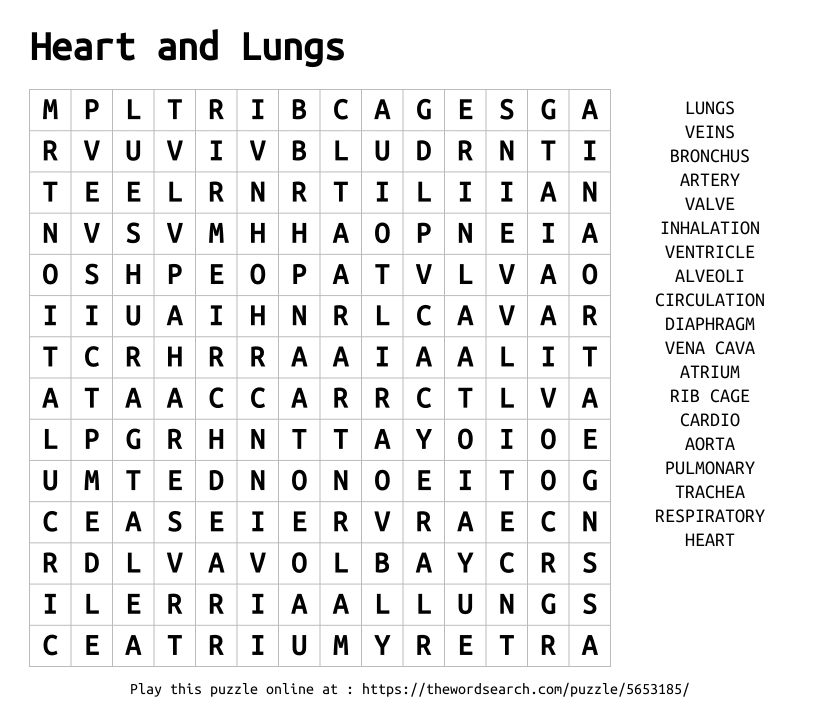 Heart and Lungs Word Search