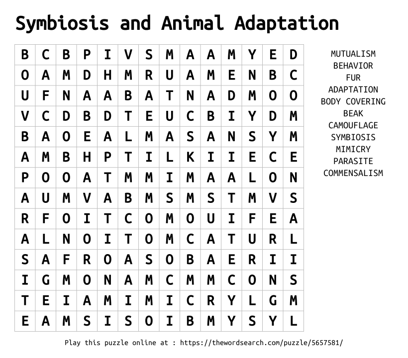 Download Word Search on Symbiosis and Animal Adaptation
