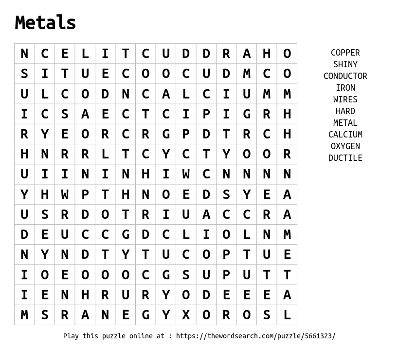 Metals Word Search