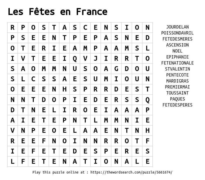 Les Fêtes en France Word Search