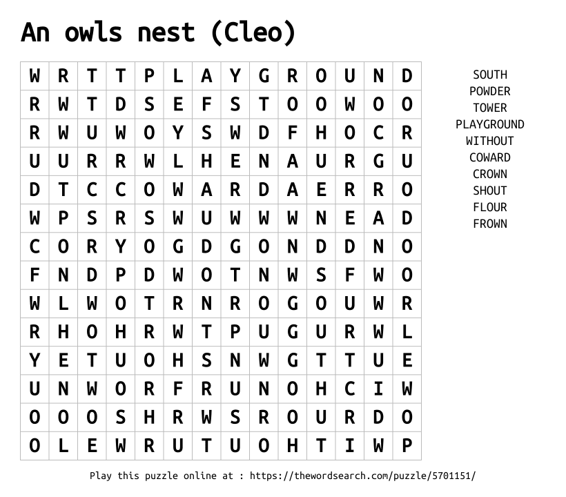 An owls nest (Cleo) Word Search