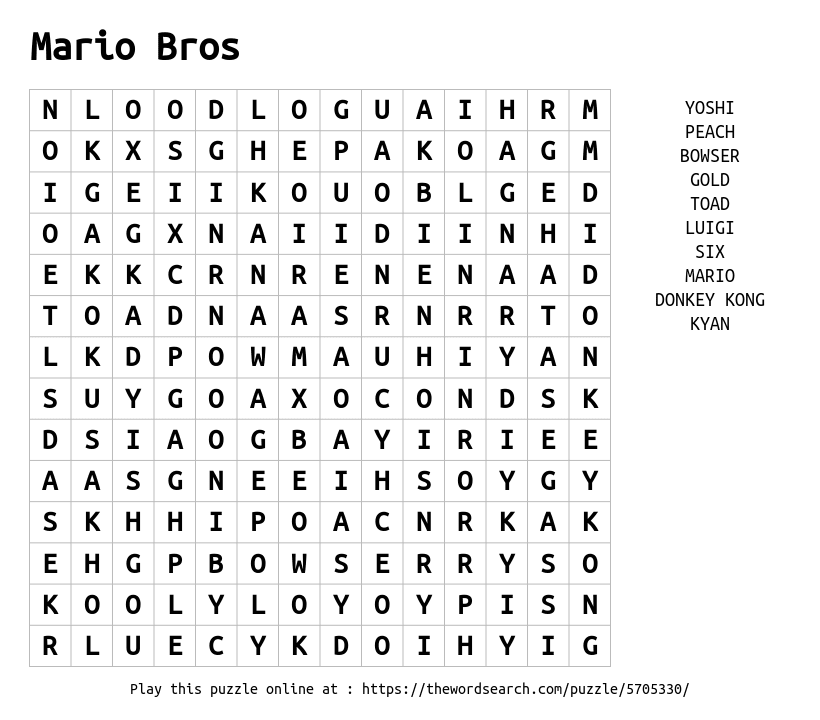 Mario Bros Word Search