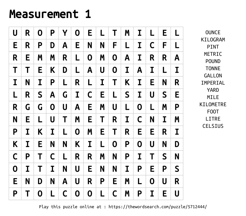 Measurement 1 Word Search