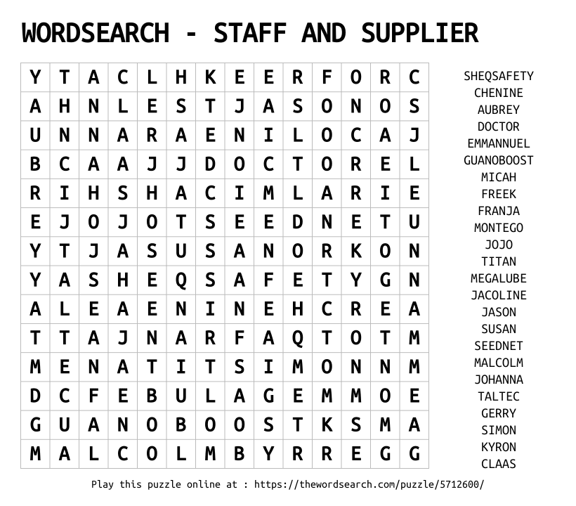 WORDSEARCH - STAFF AND SUPPLIER Word Search