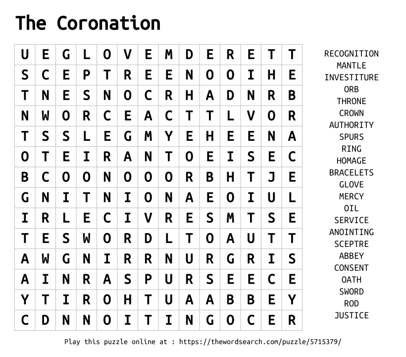 The Coronation Word Search
