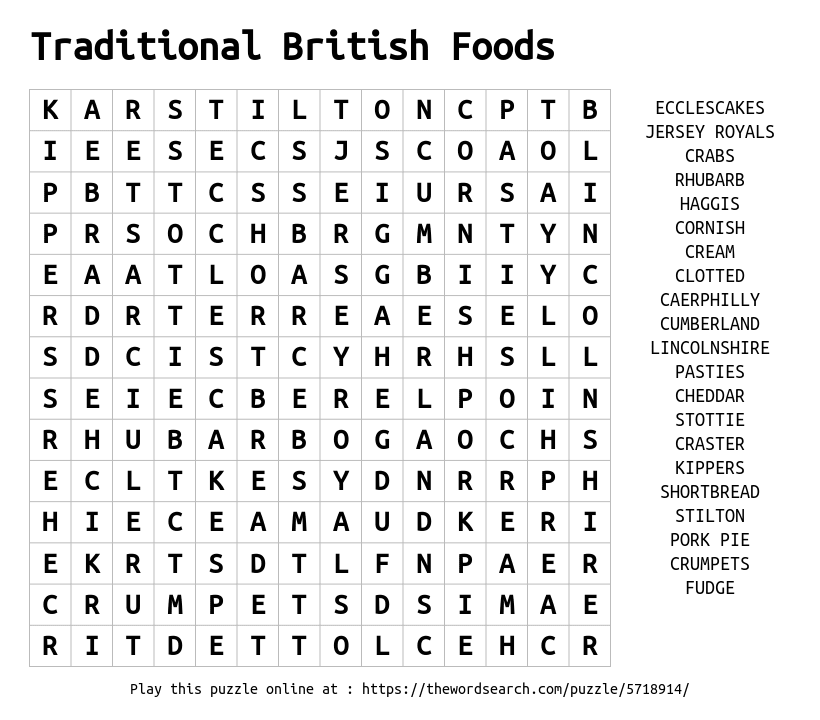 Download Word Search on Traditional British Foods