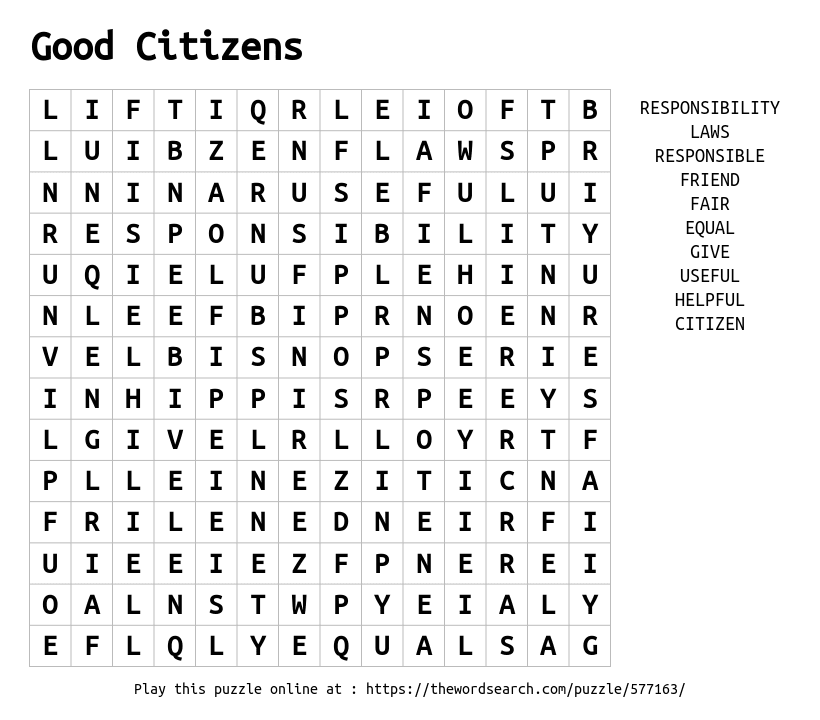 Good Citizens Word Search