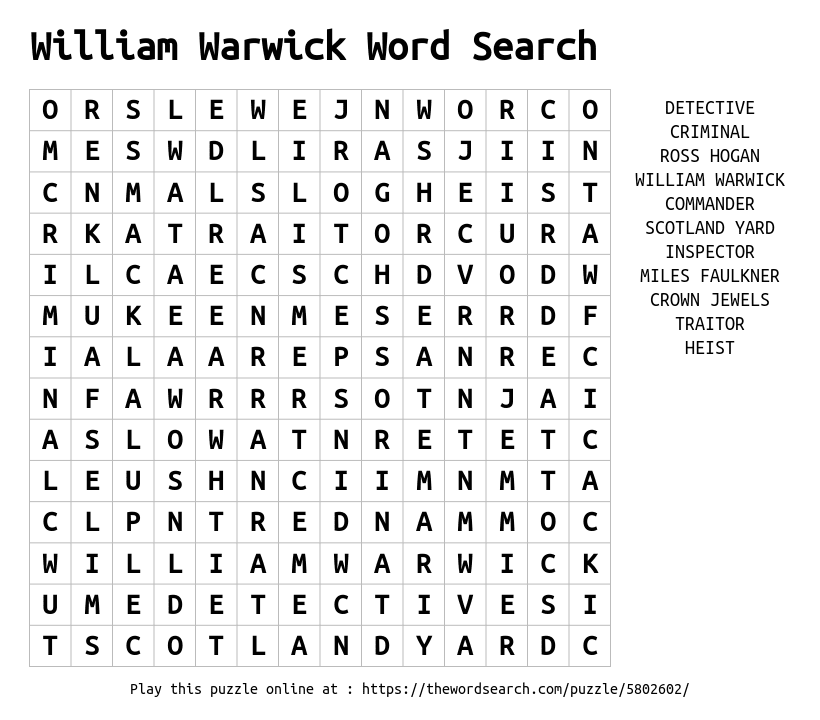 Download Word Search on William Warwick Word Search