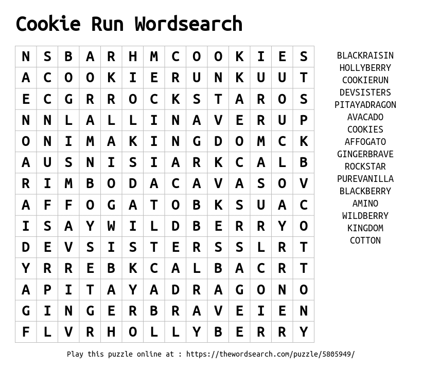 Cookie Run Wordsearch Word Search