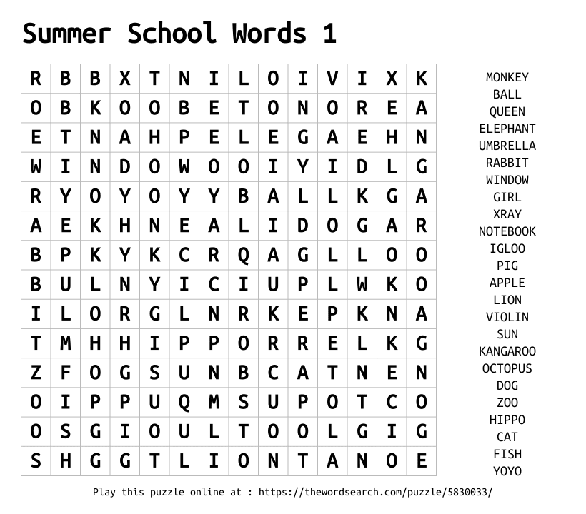 Summer School Words 1 Word Search