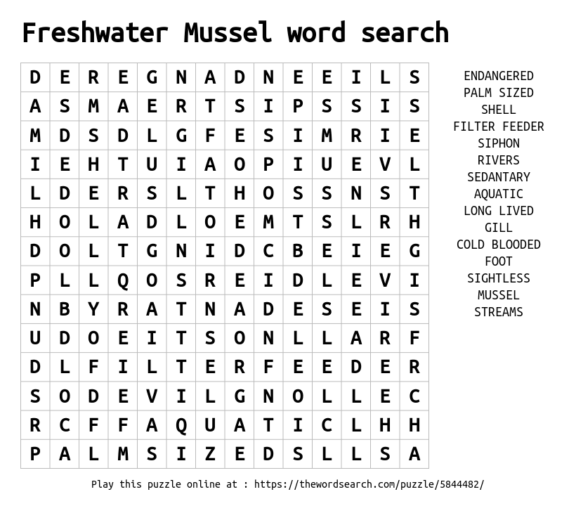 Download Word Search on Freshwater Mussel word search