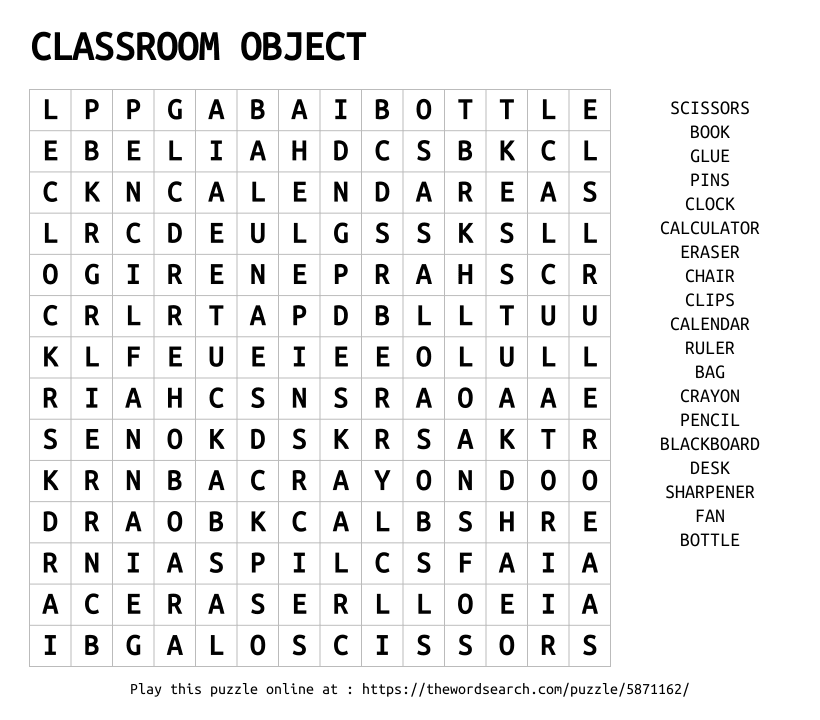 CLASSROOM OBJECT Word Search