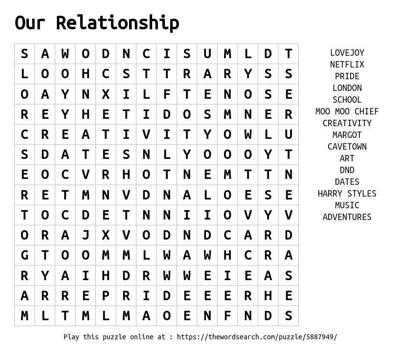 Our Relationship Word Search