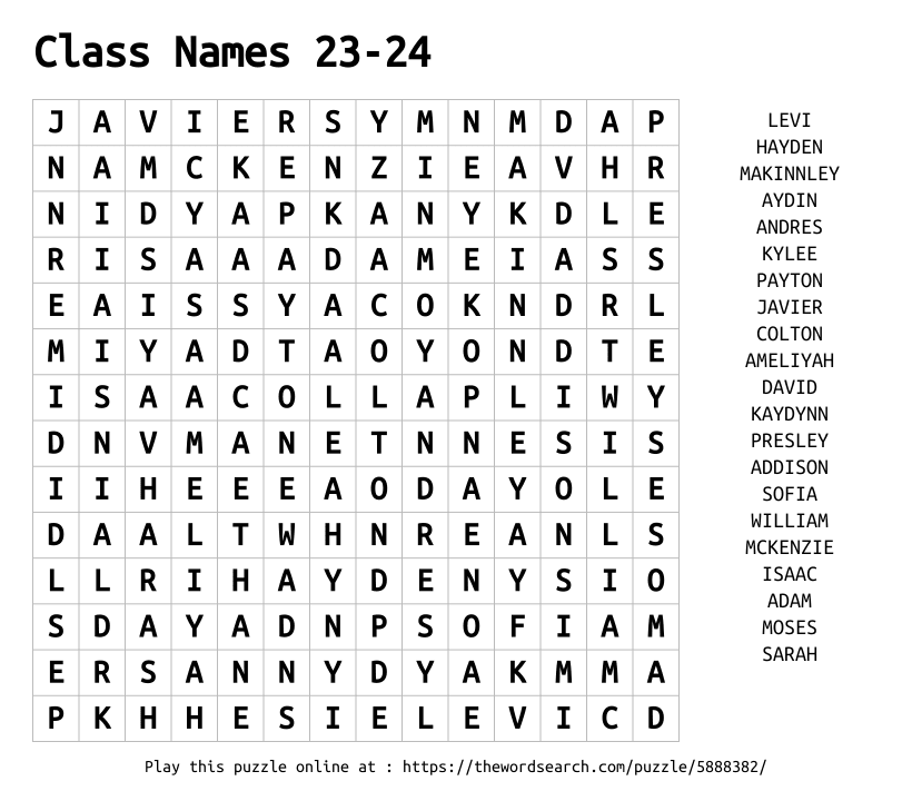 Download Word Search on Class Names 23-24