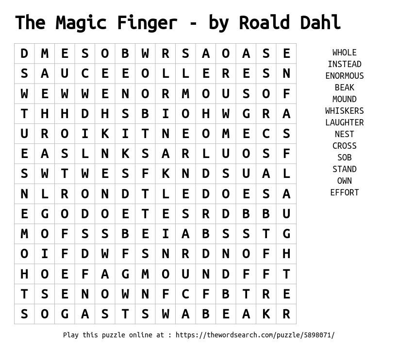 Download Word Search on The Magic Finger - by Roald Dahl