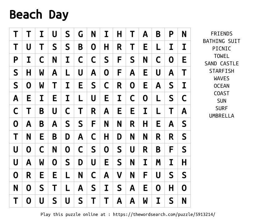 Beach Day Word Search