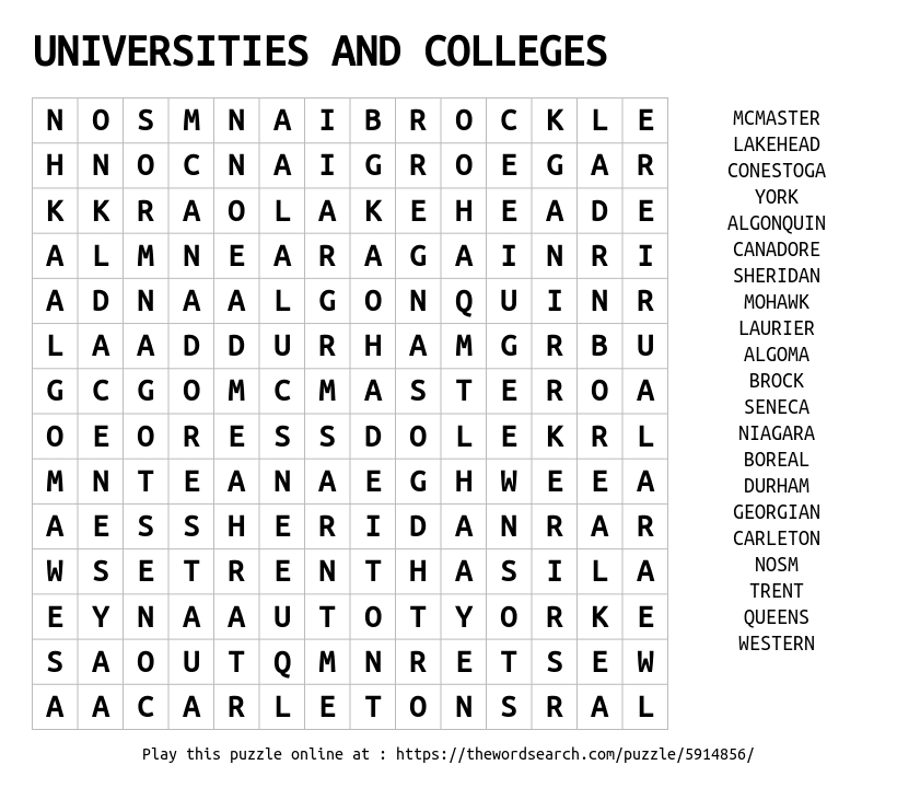 UNIVERSITIES AND COLLEGES Word Search