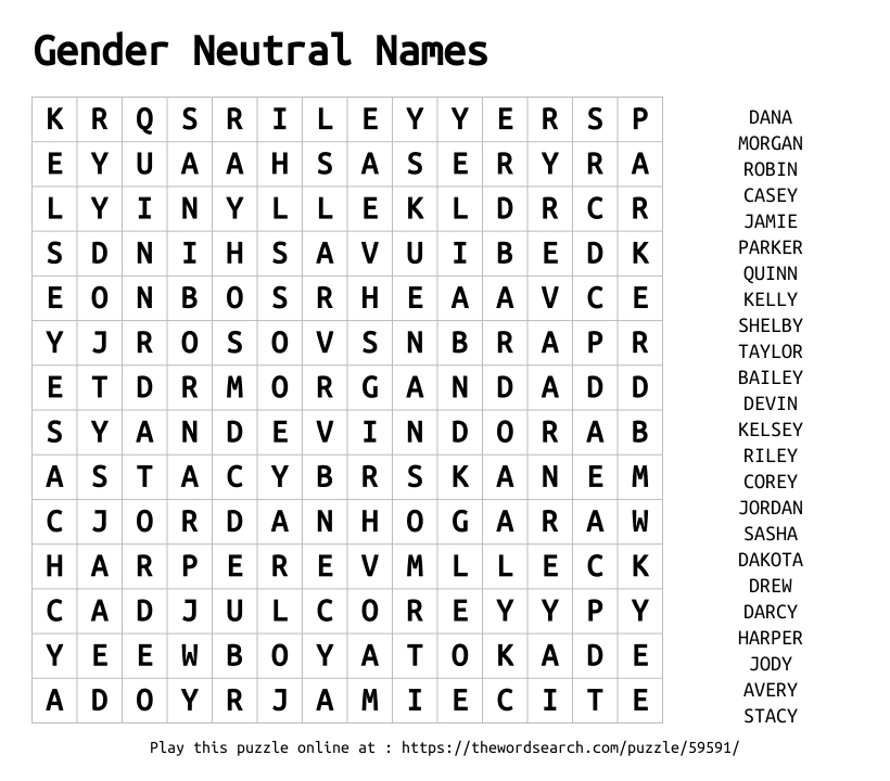 Gender Neutral Names Word Search