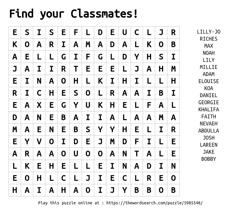 Find your Classmates! Word Search