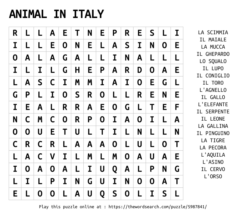 ANIMAL IN ITALY Word Search