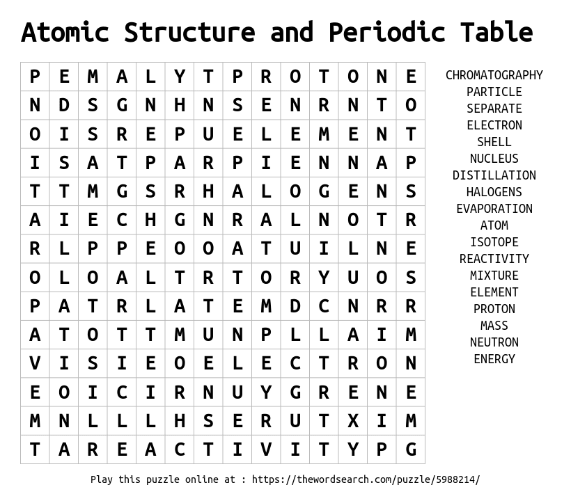 Download Word Search on Atomic Structure and Periodic Table