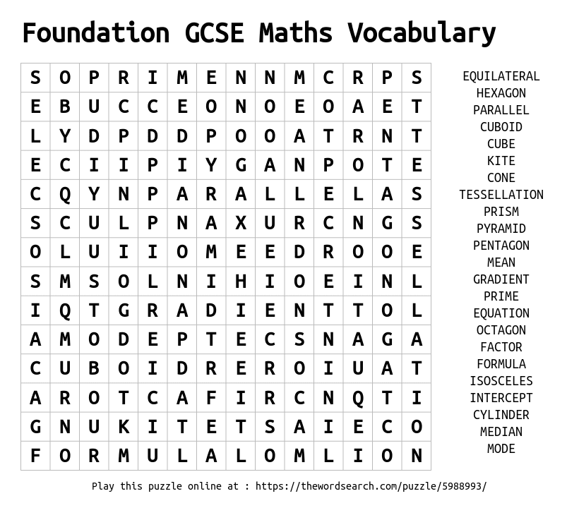 Download Word Search on Foundation GCSE Maths Vocabulary