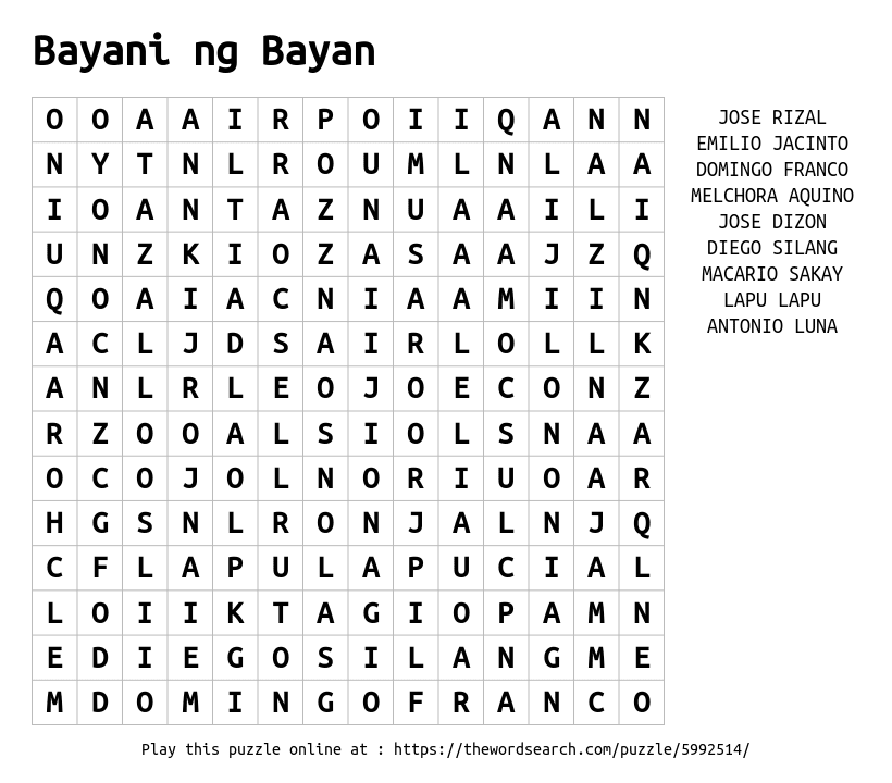 Bayani ng Bayan Word Search