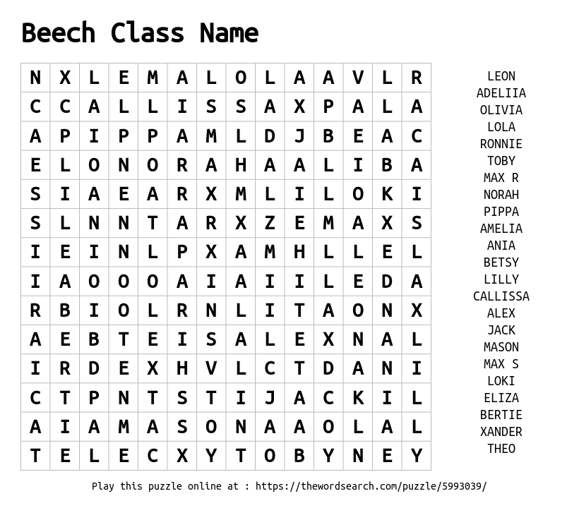 Download Word Search on Beech Class Name
