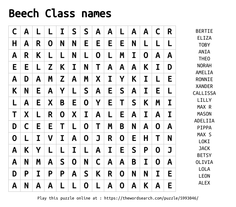 Download Word Search on Beech Class names