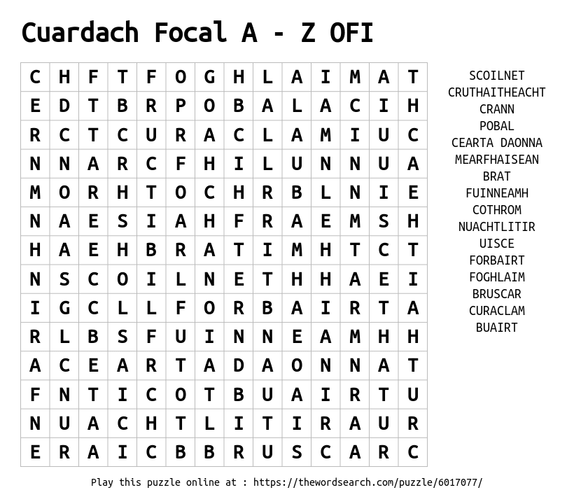 Cuardach Focal A - Z OFI Word Search