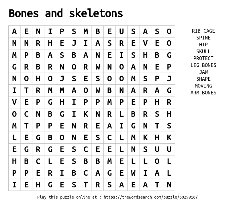 Download Word Search on Bones and skeletons