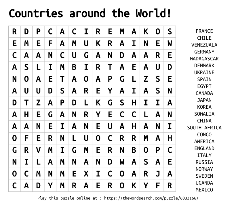 Countries Around The World Word Search