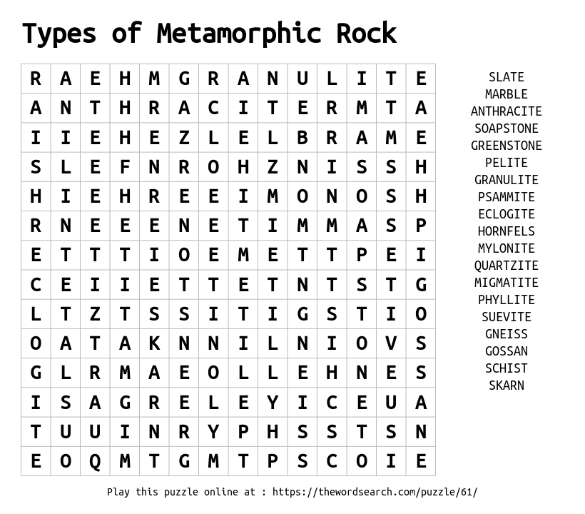 Download Word Search On Types Of Metamorphic Rock