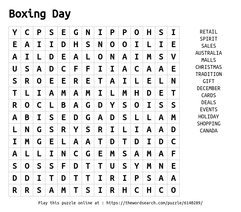 Boxing Day Word Search