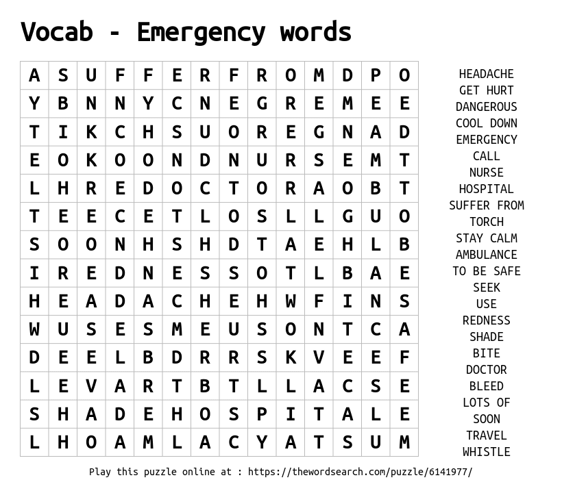 Vocab - Emergency words Word Search