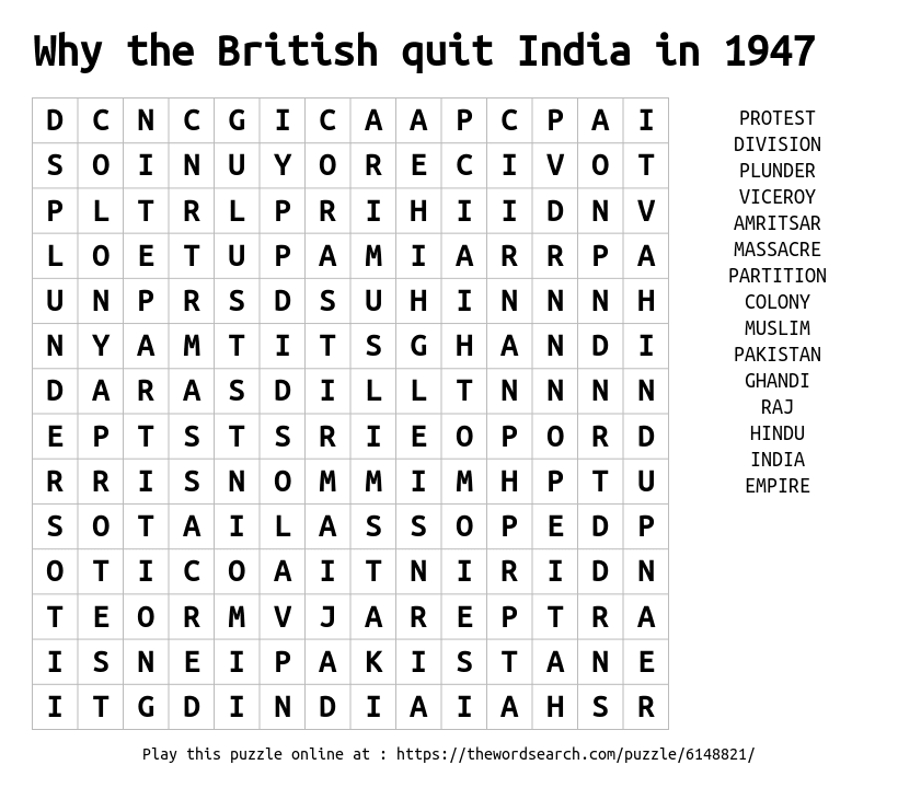 Download Word Search on Why the British quit India in 1947