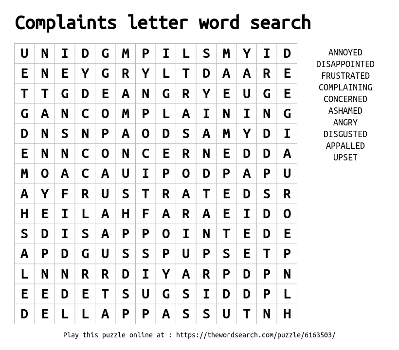 Complaints letter word search Word Search