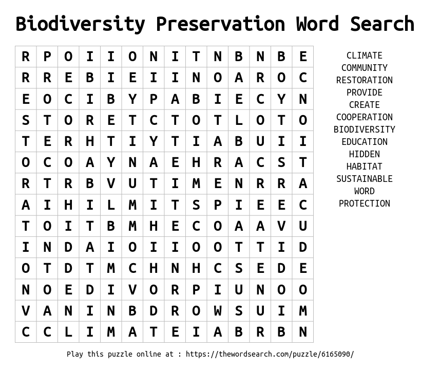 Biodiversity Preservation Word Search Word Search