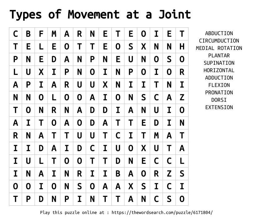 Download Word Search on Types of Movement at a Joint