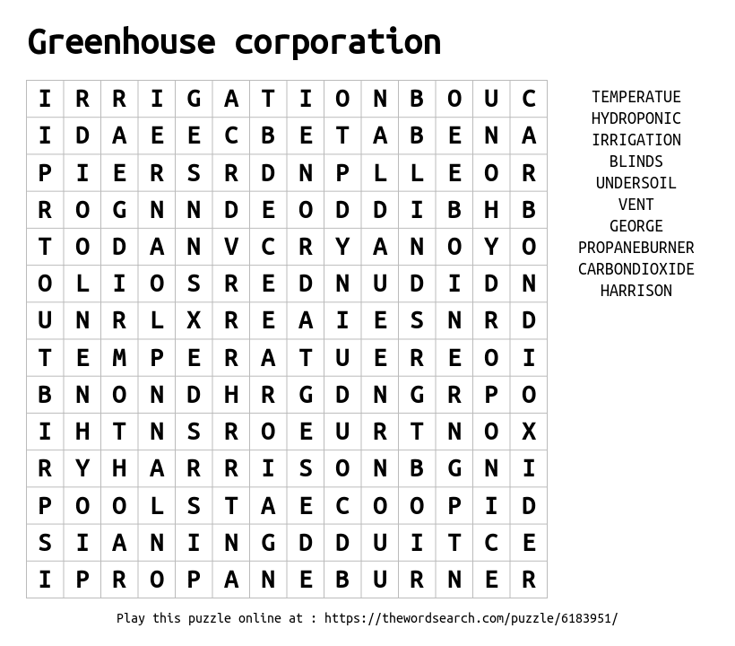 Greenhouse corporation Word Search